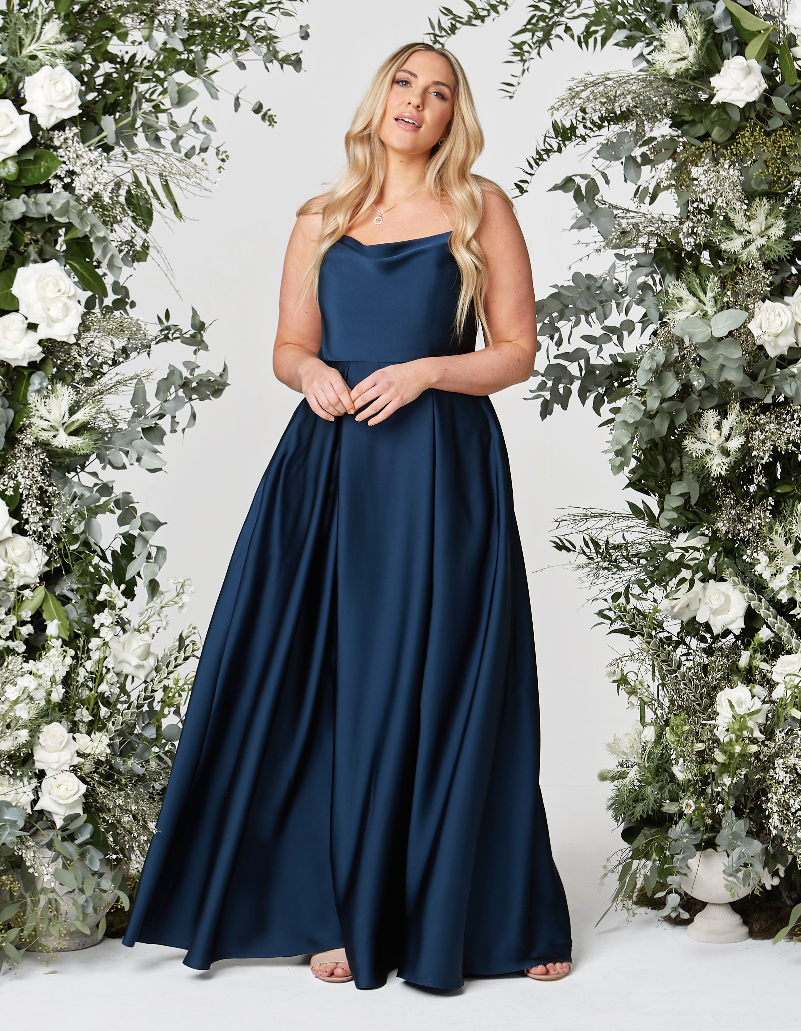 Monte a modern satin bridesmaids dress with cowl neck and pockets - wed2b